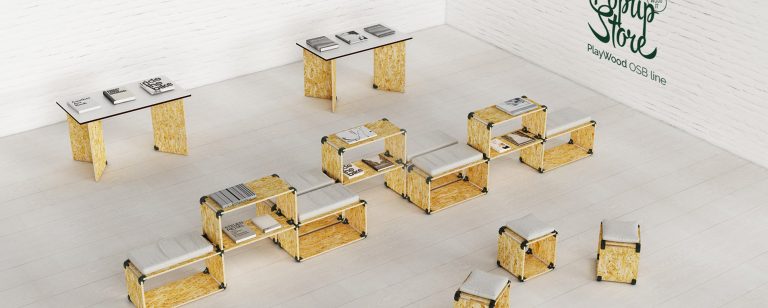 Cube pouf en OSB modulaire, démontable et combinable en cubes de rangement.